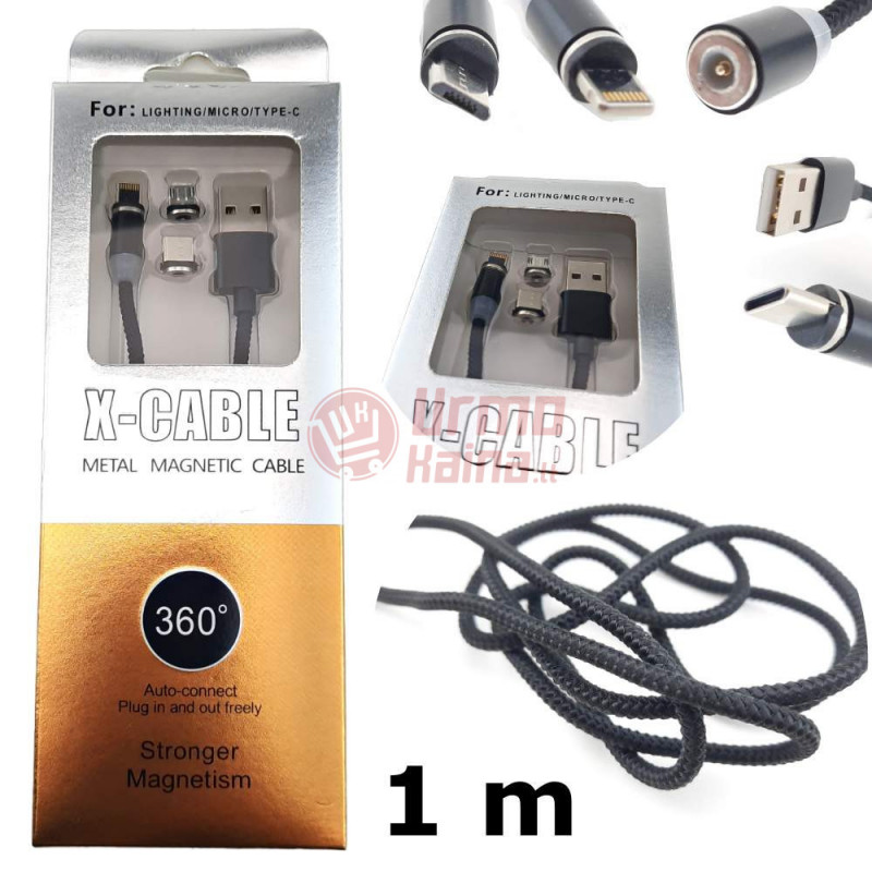 Laidas USB-A į USB-Micro/C/Lightning, 1 m, magnetinis, 3in1