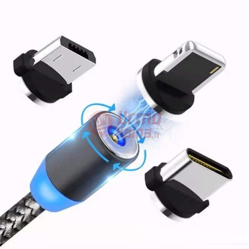 Laidas USB-A į USB-Micro/C/Lightning, 1 m, magnetinis, 3in1