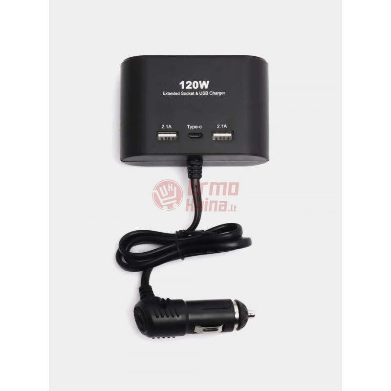 Automobilinis šakotuvas su 3 lizdais + 2 USB/1 Type-C