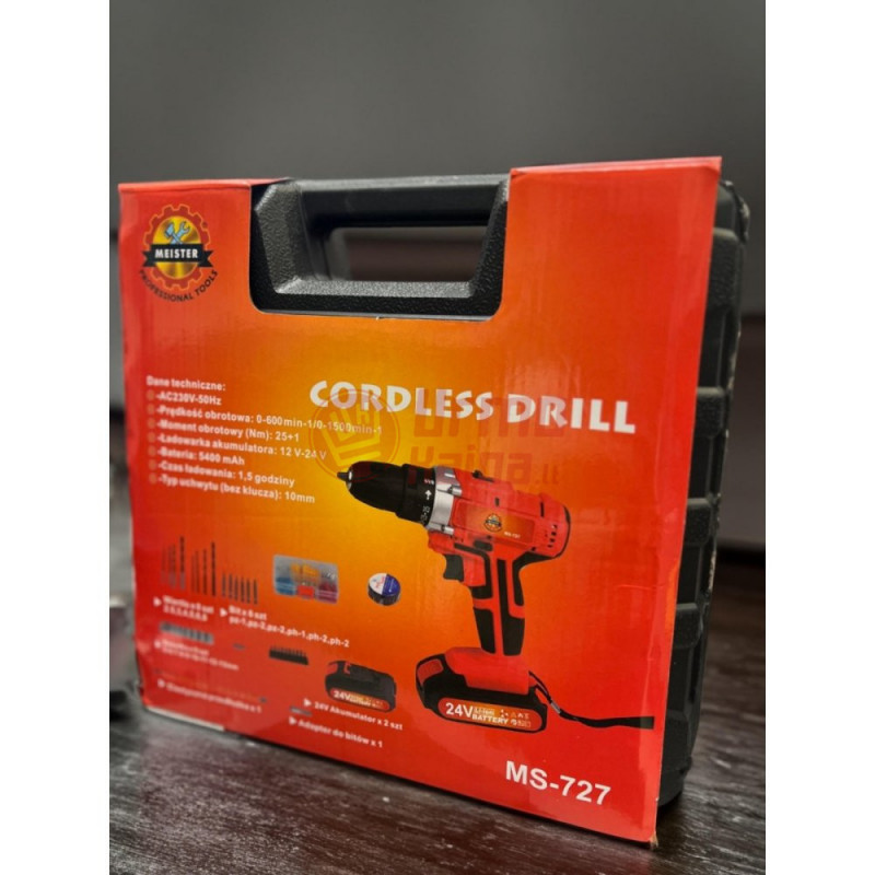 Akumuliatorinis suktuvas-gręžtuvas, 2 akumuliatoriai su krovikliu + priedai MEISTER MS727