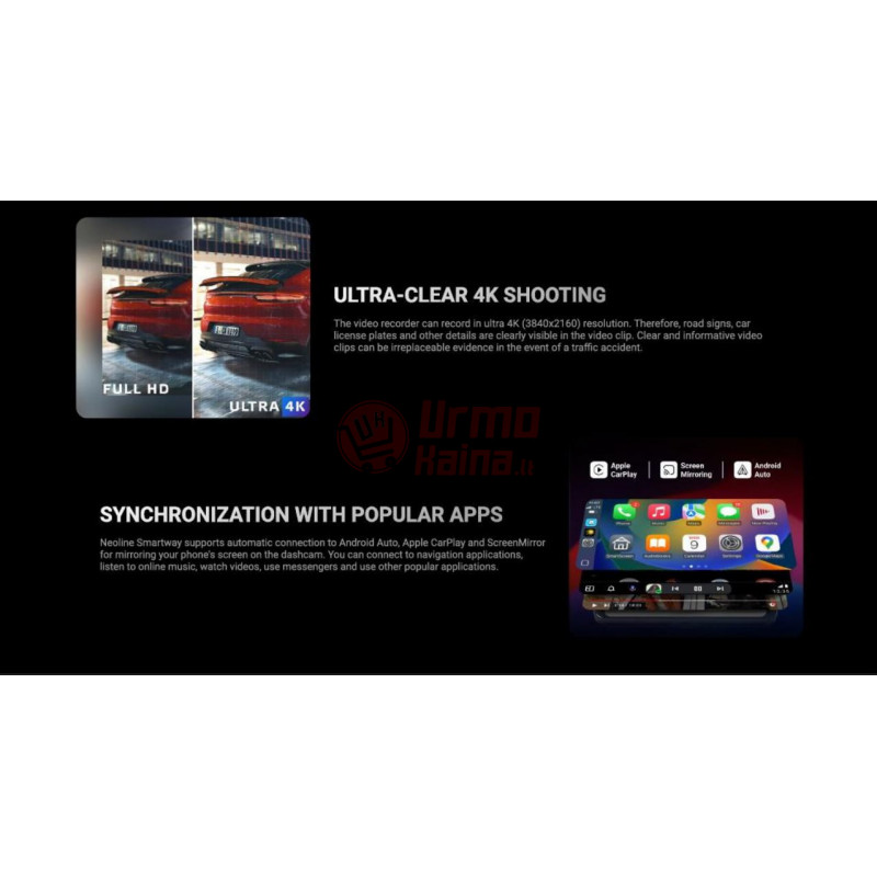 Vaizdo registratorius Neoline Smartway, 2-jų kamerų, 4K su Android Auto ir Apple Carplay